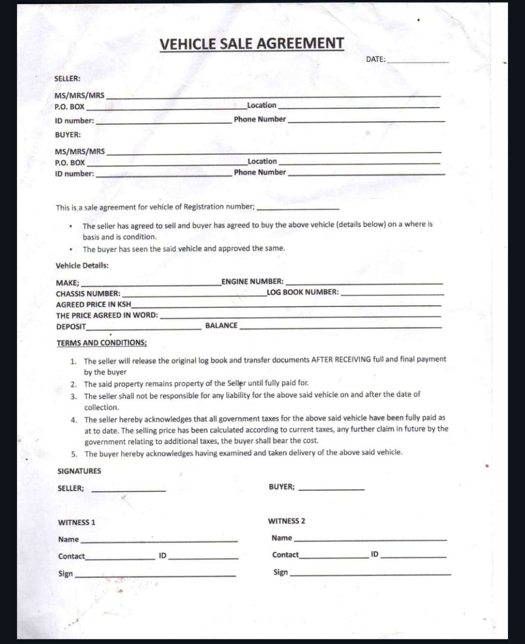 Free Vehicle Sale Agreement Forms (PDF) – Mwash Cyber